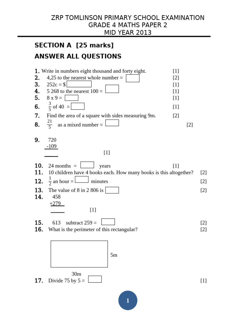 Grade 4 Maths Paper 2 Mid Year 2013 | PDF