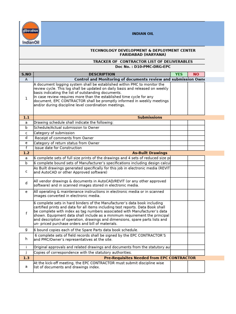 A 4 Contractor List of Deliverables - (D10-Pmc-Drg-Epc) | PDF ...