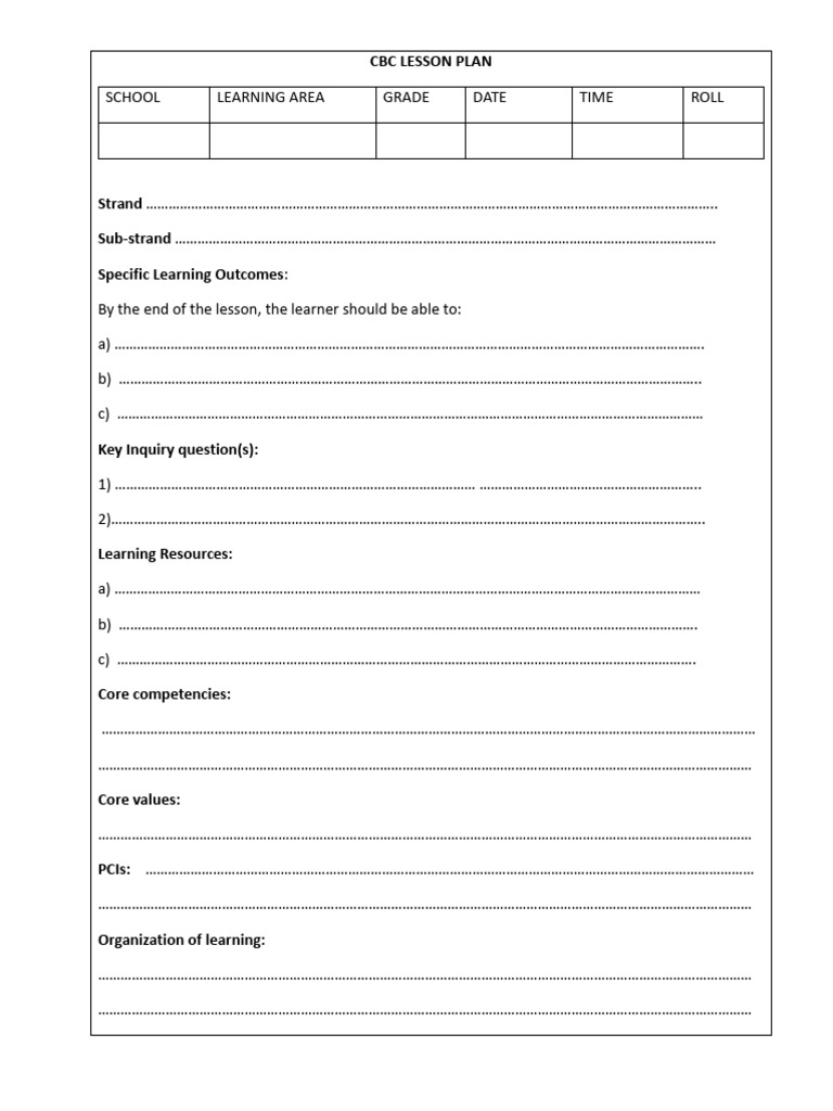 CBC Lesson Plan 2025 | PDF | Learning | Education Theory