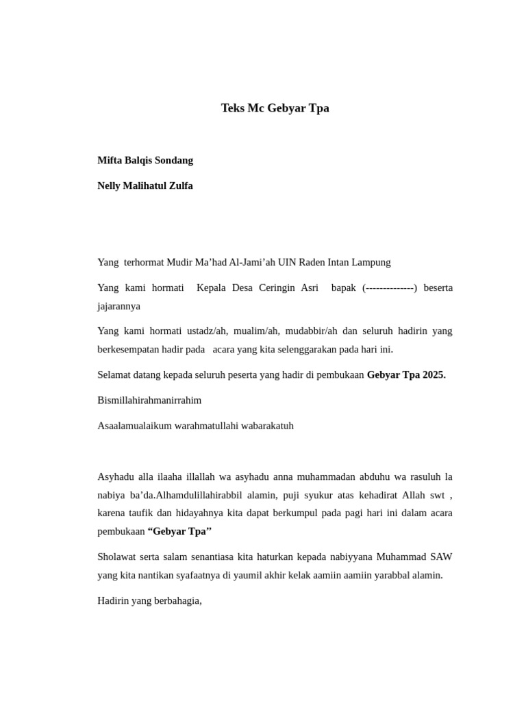 Teks Pembukaan - MC Gebyar Tpa 2025 | PDF