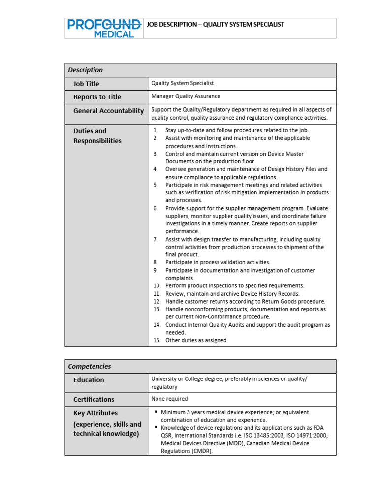 Quality System Specialist Overview | PDF | Quality Management System ...