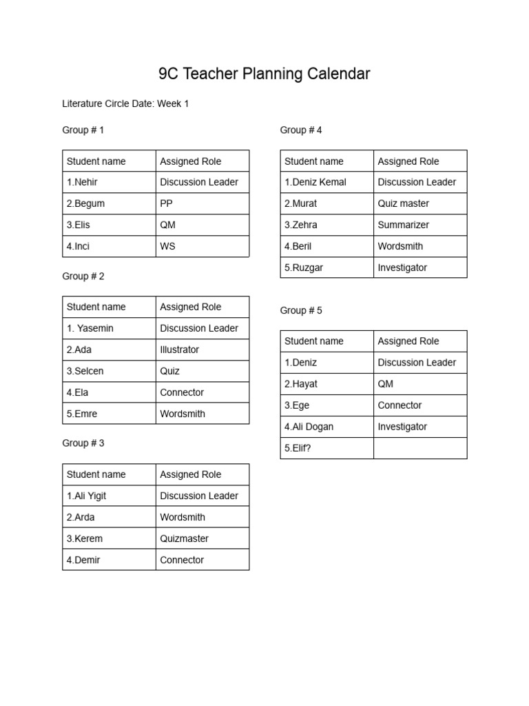 9C Whole Class Lit Group Calendar | PDF