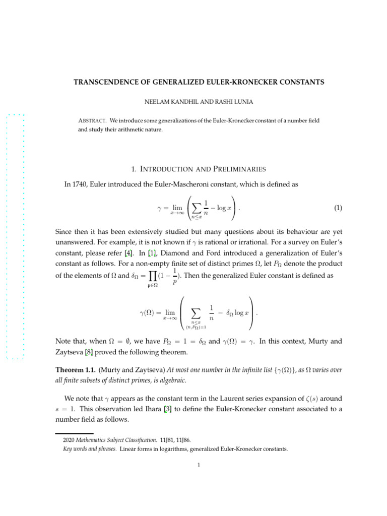 TRANSCENDENCEOF GENERALIZED EULER-KRONECKER CONSTANTS | PDF | Field (Mathematics) | Numbers
