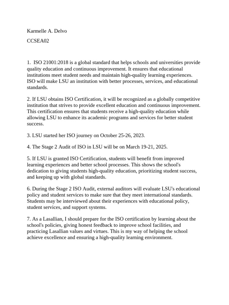 LSU's Path to ISO 21001 Certification | PDF