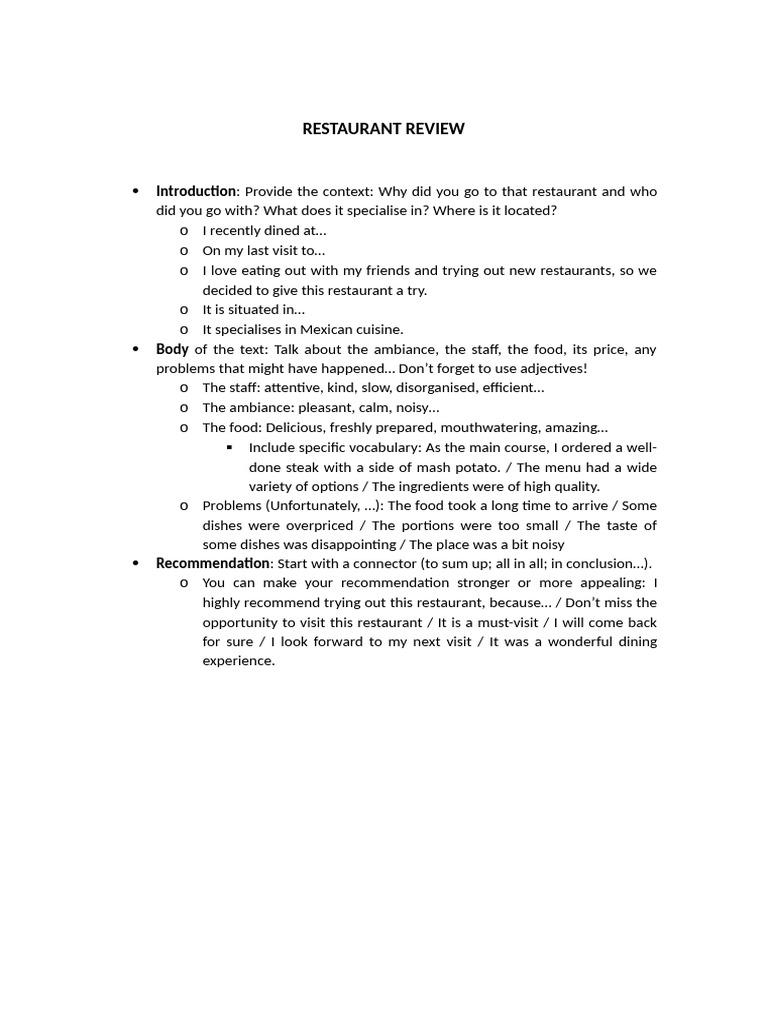 Restaurant Review Useful Expressions | PDF