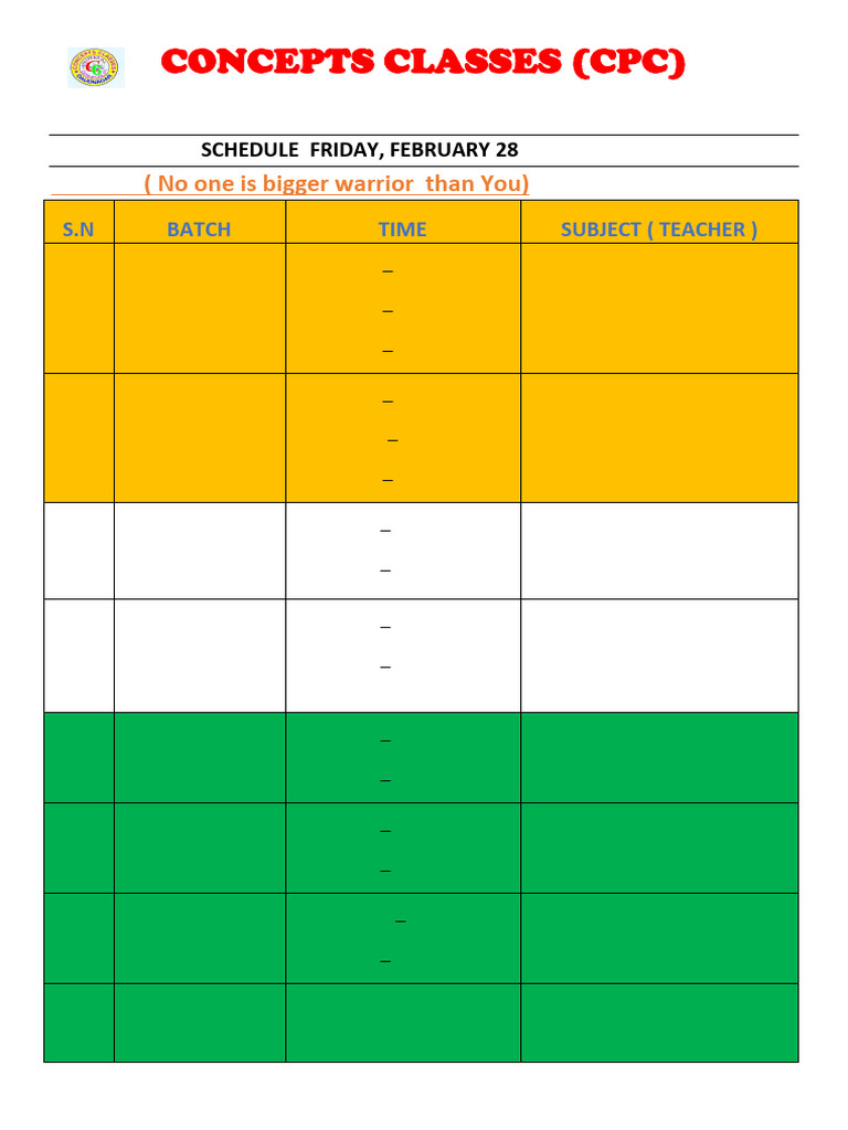 Concepts Classes Schedule 28. Feb 25 | PDF