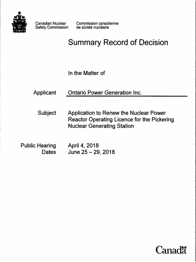 SummaryDecision OPG Pickering 2018 e | PDF | License | Nuclear Power