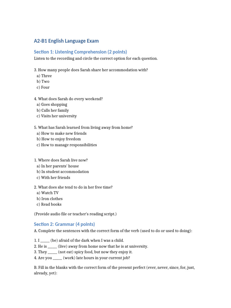 A2-B1 English Exam: Listening & Grammar | PDF | Vocabulary | Human ...