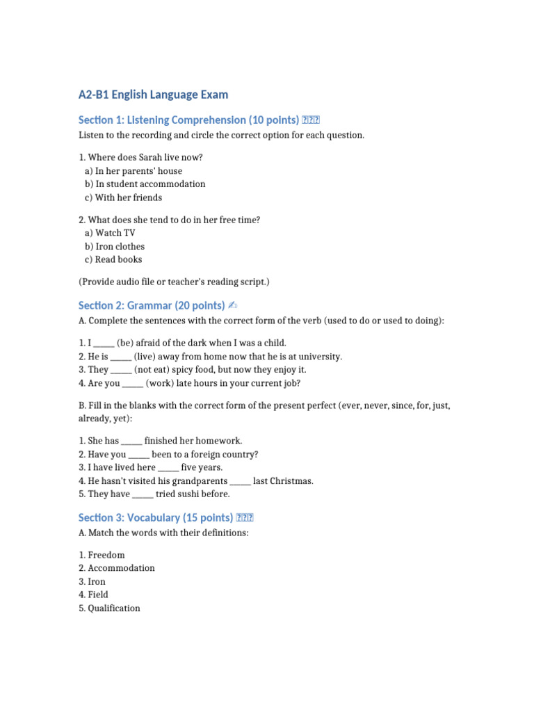 A2 B1 English Language Exam | PDF | Vocabulary | Reading Comprehension