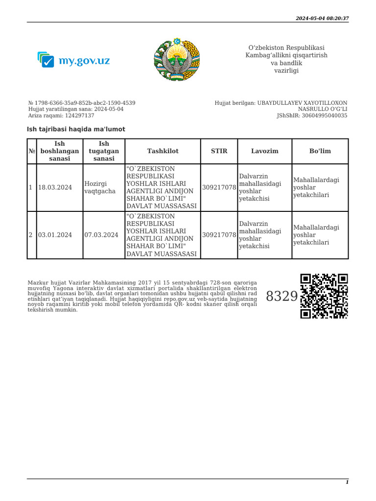 Ish Tajribasi Haqida Ma'lumot: Ish Boshlangan Sanasi Ish Tugatgan Sanasi Tashkilot Stir Lavozim ...