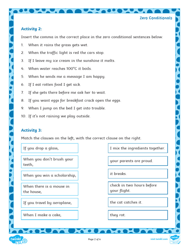 T 1701422262 Esl Zero Conditionals Worksheet Teens A2 - Ver - 1 | PDF