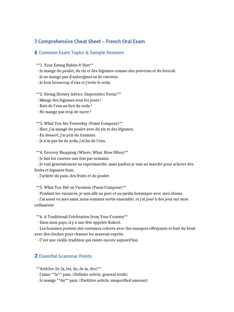 Fiche de Révision : Examen Oral Français | PDF | Nourritures