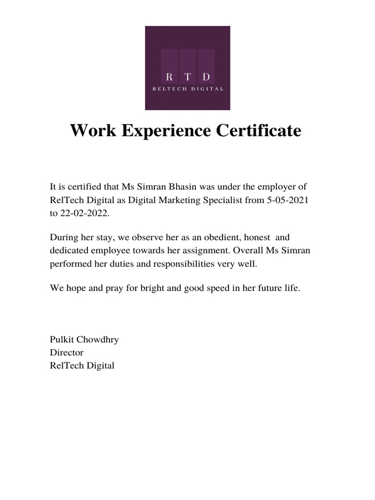 Work Experience Letter | PDF