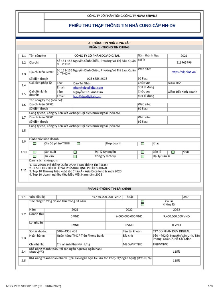 Nsg-ptc-sop02.f02-Phieu Thu Thap Thong Tin NT - NCC | PDF