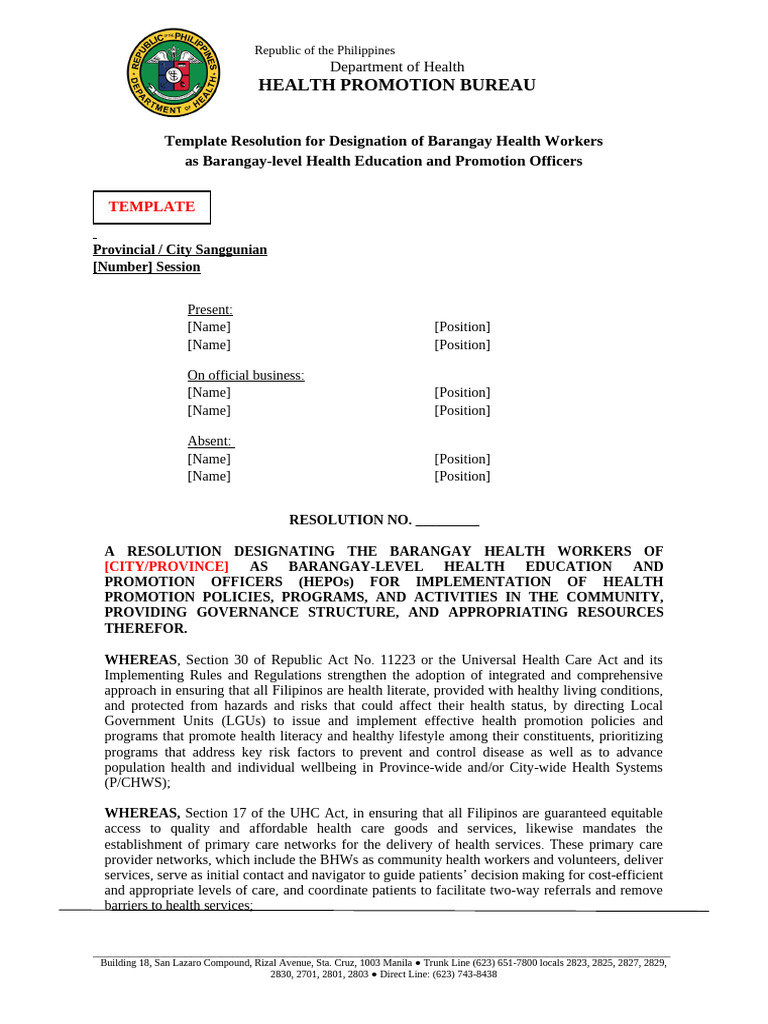 BHW As Barangay-Level HEPOs Template | PDF | Primary Care | Health Care
