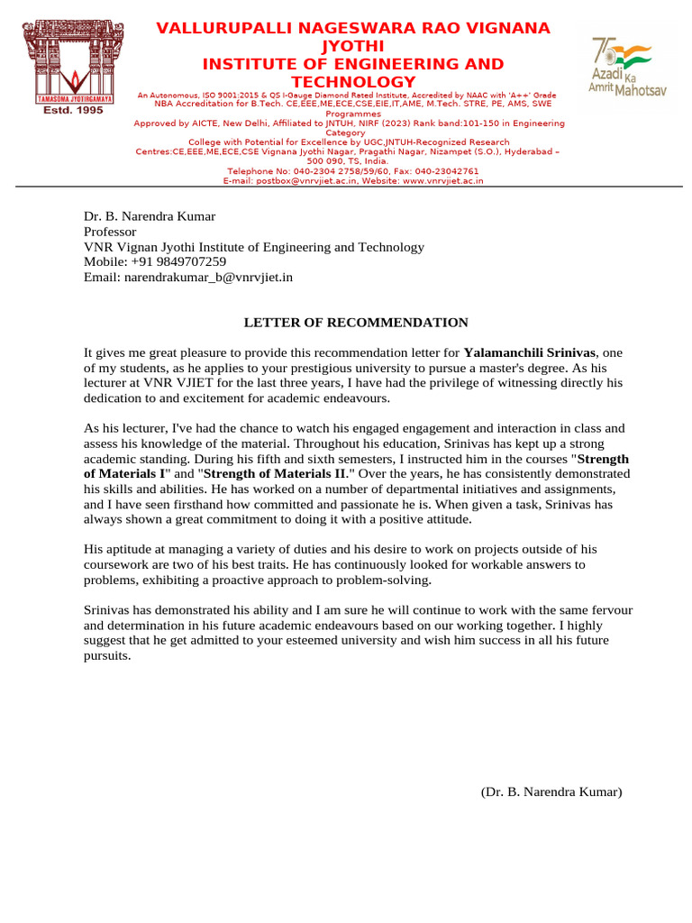 Narendra Kumar Sir LOR (Srinivas) | PDF | Cognition | Learning