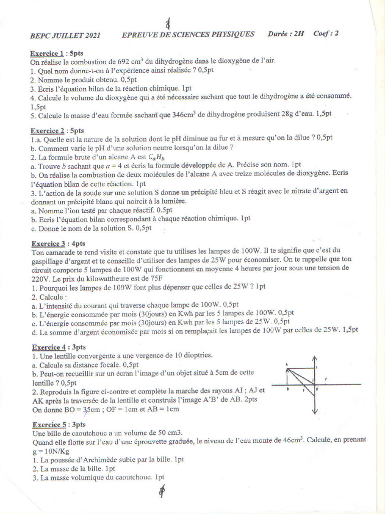 Sciences-Physiques-BEPC-2021 | PDF