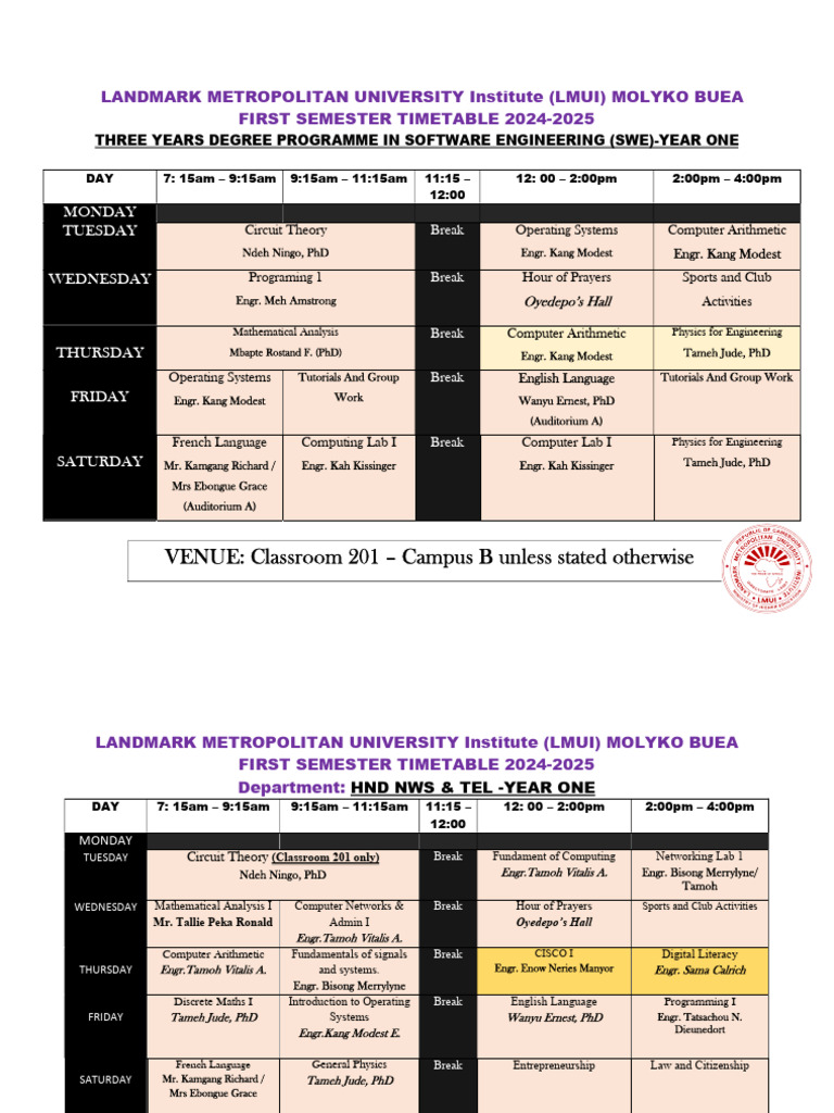 BTech 200 & HND Year I Time Table Update. | PDF | Computing | Mathematics