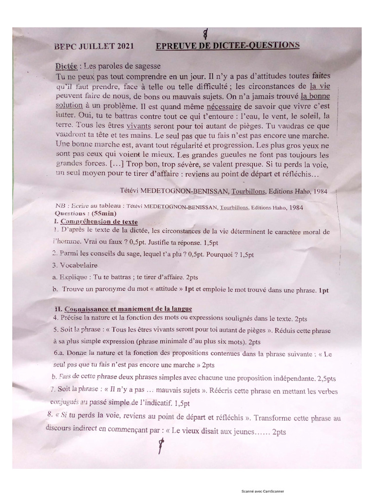 Dictee Questions BEPC 2021 | PDF