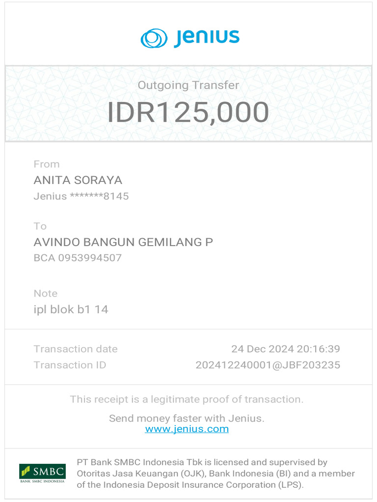 Jenius Bank Transfer Receipt | PDF
