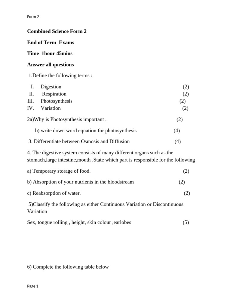 Form 2 Combined Science Exam Paper | PDF