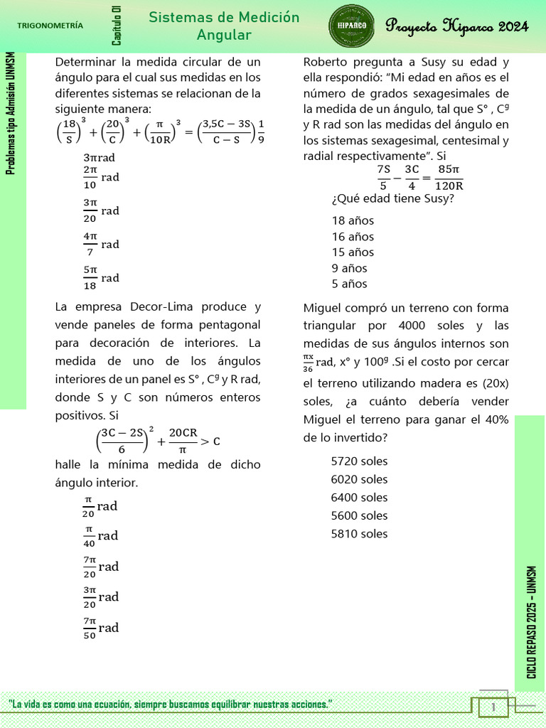 Ficha 01 Sistemas de Medición Angular | PDF | Geometría euclidiana | Ángulo
