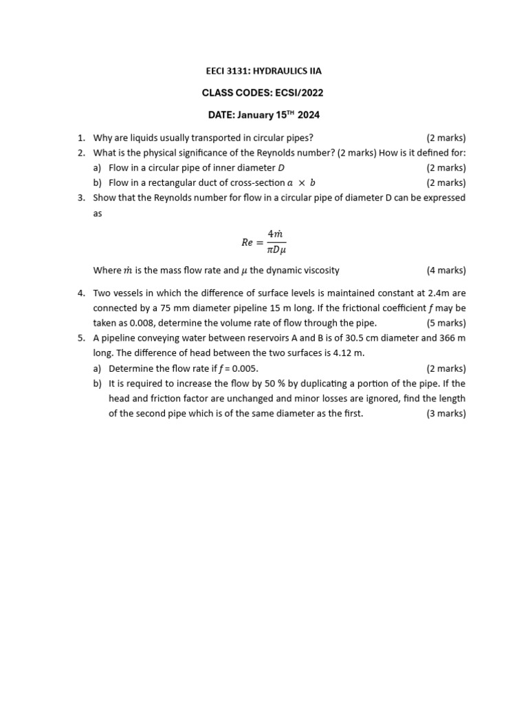 Hydraulics Ii Pipe Flow Calculations Pdf