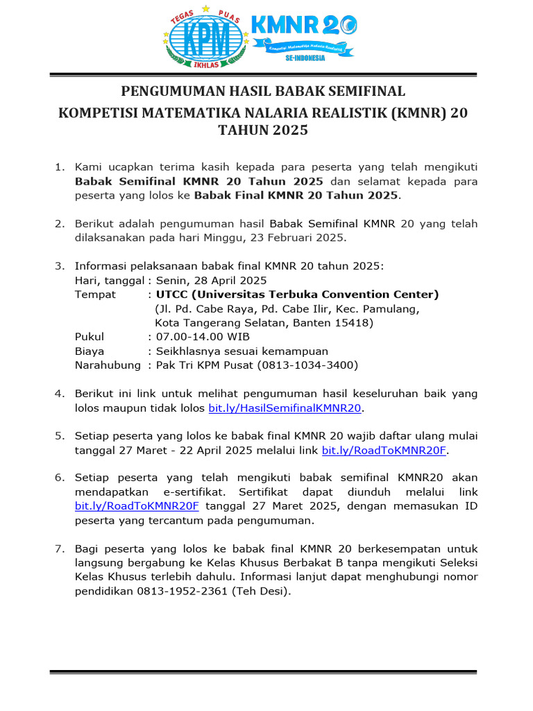 Kelas 04 - Peserta Lolos Semifinal KMNR 20 | PDF