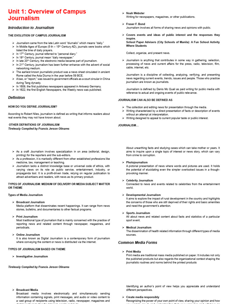 UNIT 1 Overview of Campus Journalism Compiled Topics | PDF | Mass Media | Journalism