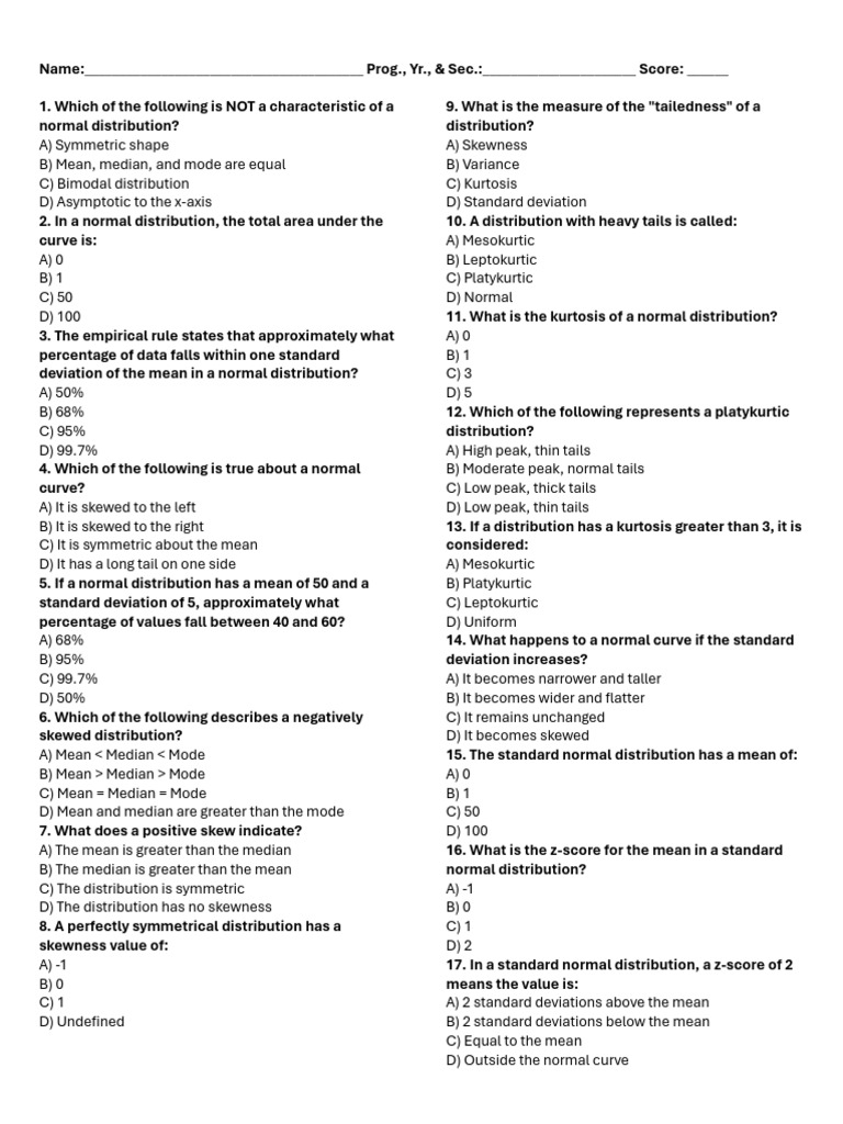 Normal Distribution Quiz Questions | PDF | Skewness | Descriptive ...