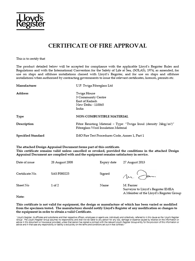 CERTIFICATE OF FIRE APPROVAL - Twiga Fiberglass Ltd | PDF | Fiberglass