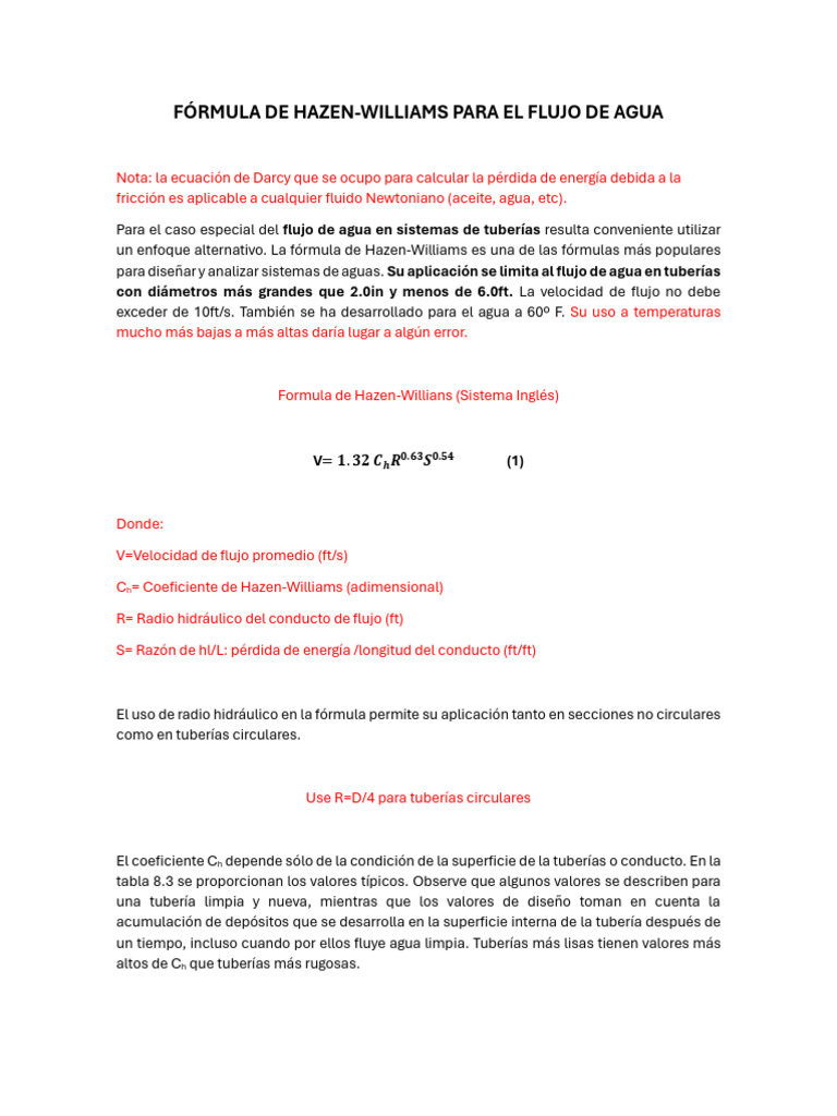 Fórmula de Hazen-Williams para Agua | PDF | Flujo | Agua