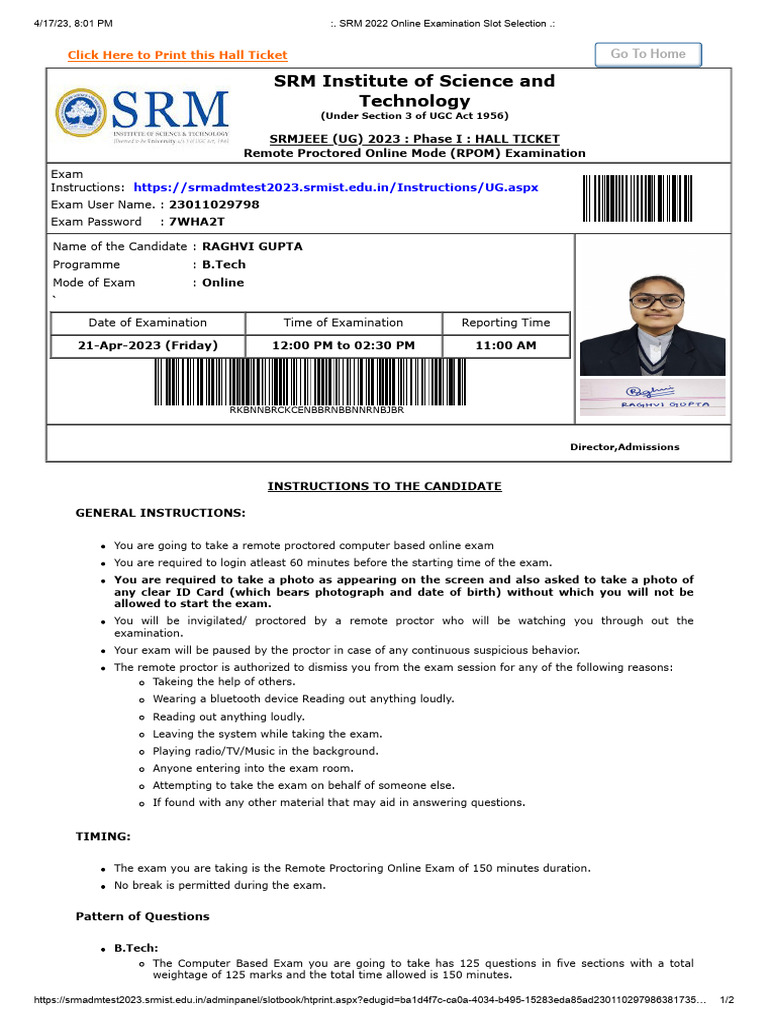 _. SRM 2022 Online Examination Slot Selection . | PDF