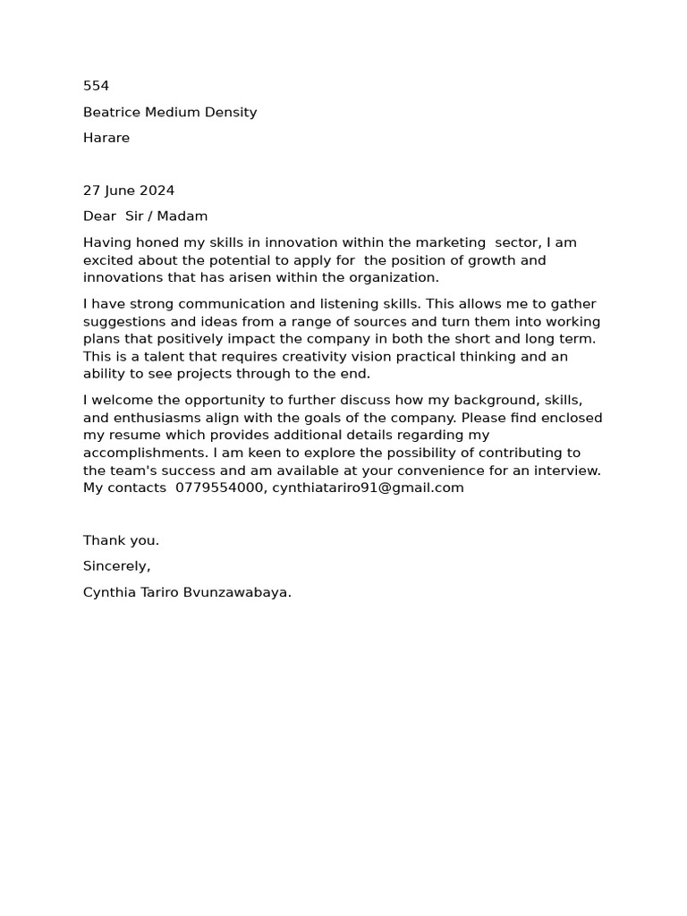 Tariro Application Letter. | PDF