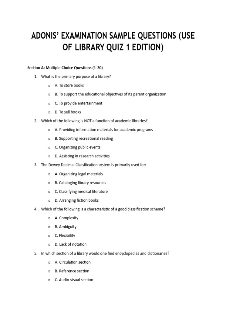Adonis Library Quiz Sample Questions | PDF | Libraries | Books
