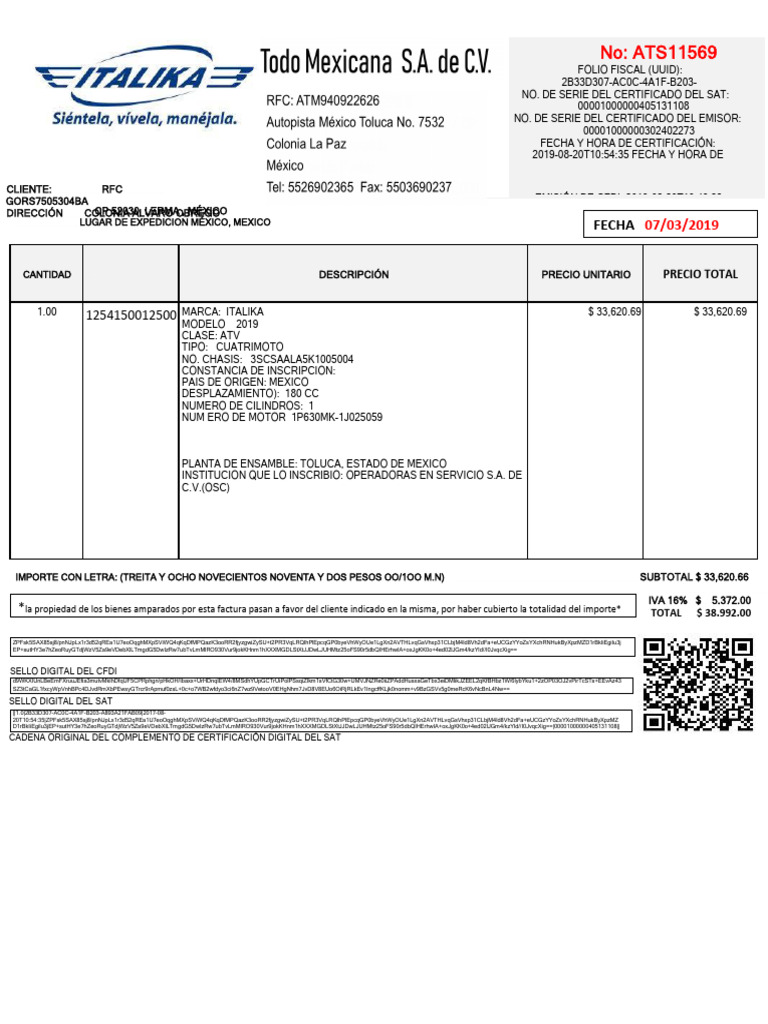 602610720 Factura Moto Italika | PDF | Motociclismo