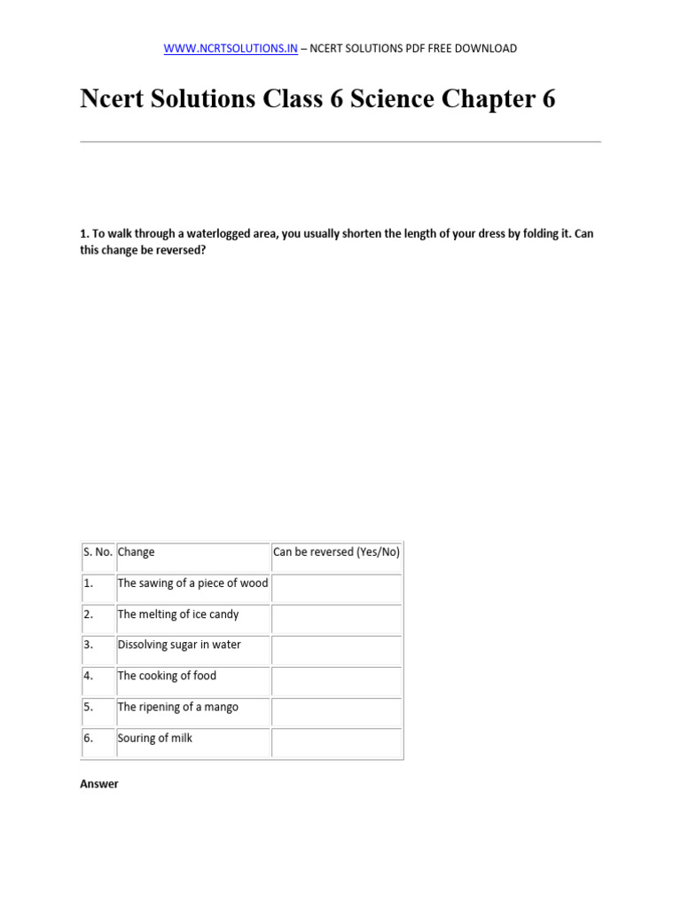 Ncert Solutions Class 6 Science Chapter 6 | PDF