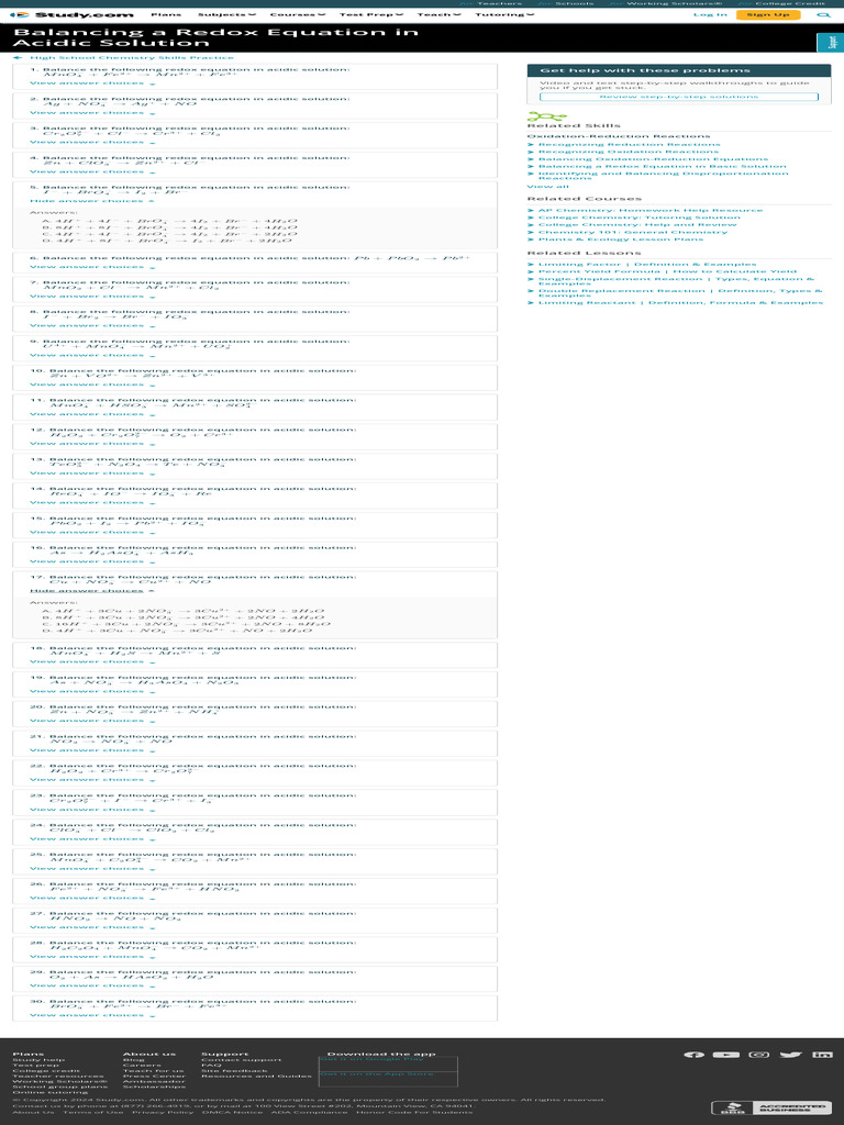 Balancing A Redox Equation in Acidic Solution Practice Chemistry ...