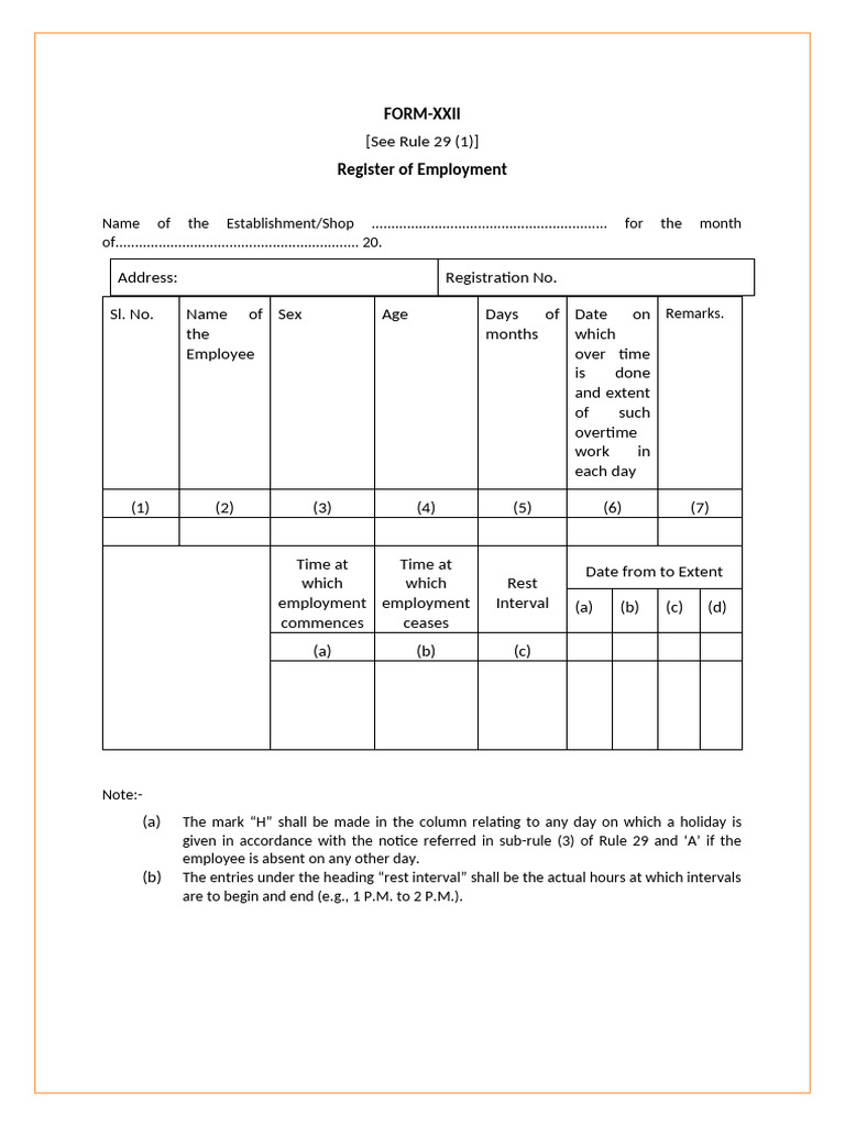 Employment Register Format - Form XXII | PDF