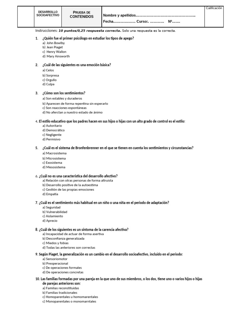Prueba Escrita Tema 1 Intervención para El Desarrollo Afectivo - DSA | PDF | Teoría de apego ...