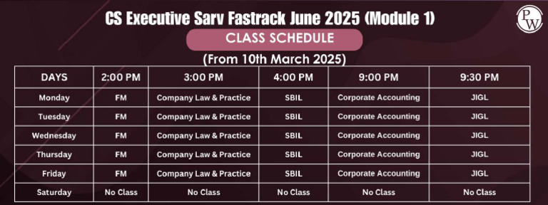 Class Schedule - CS Executive Sarv Fastrack June 2025 (Module 1) | PDF