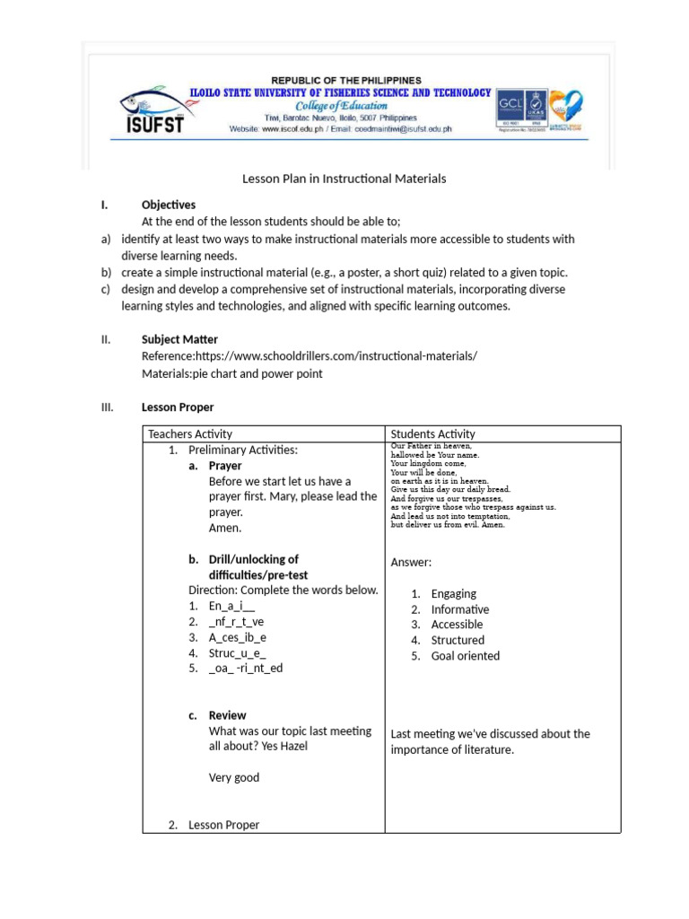 Lesson Plan in Instructional Materials | PDF | Lord's Prayer | Lesson Plan