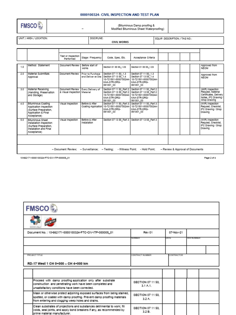 ITP Damp Proofing & Waterproofing | PDF | Concrete | Building Engineering