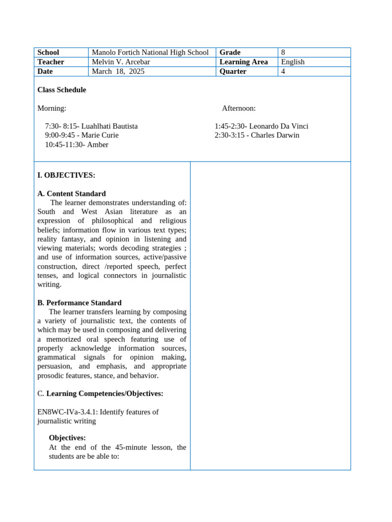 Plan 8 - Featurees of Journalistic Writing | PDF | Learning | Journalism