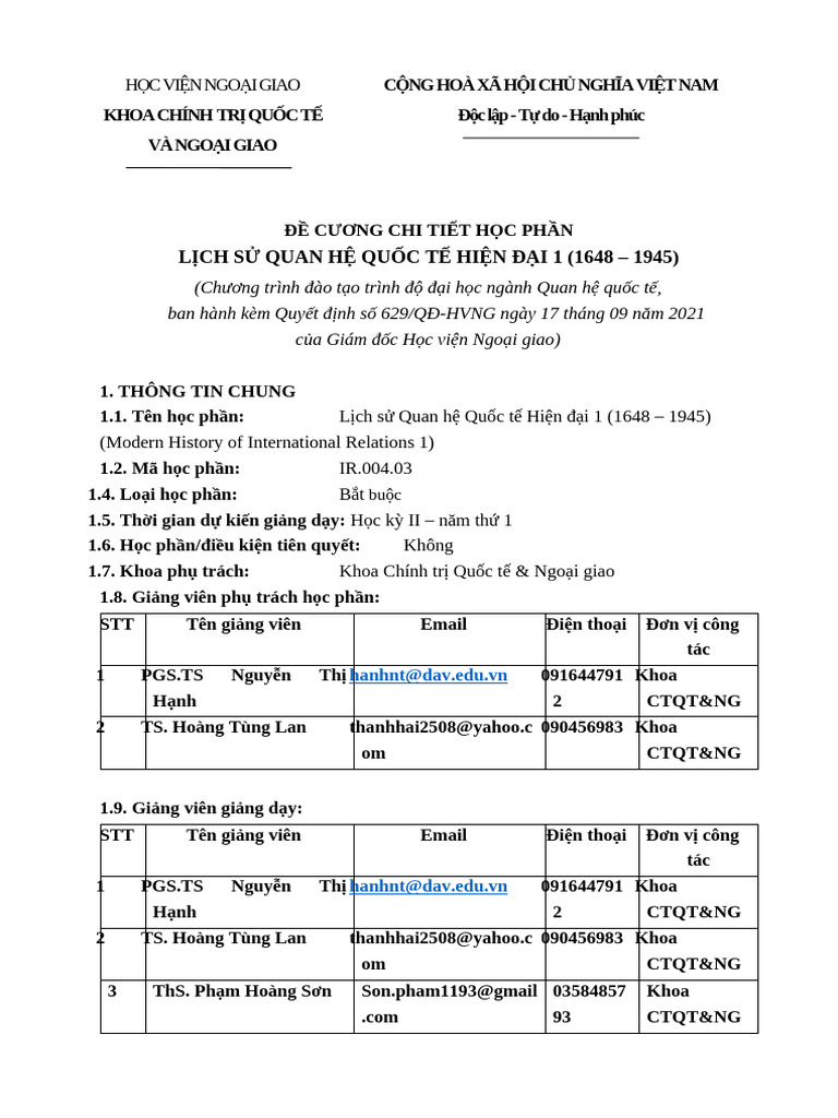 De Cuong - Lich Su QHQT Can Hien Dai | PDF