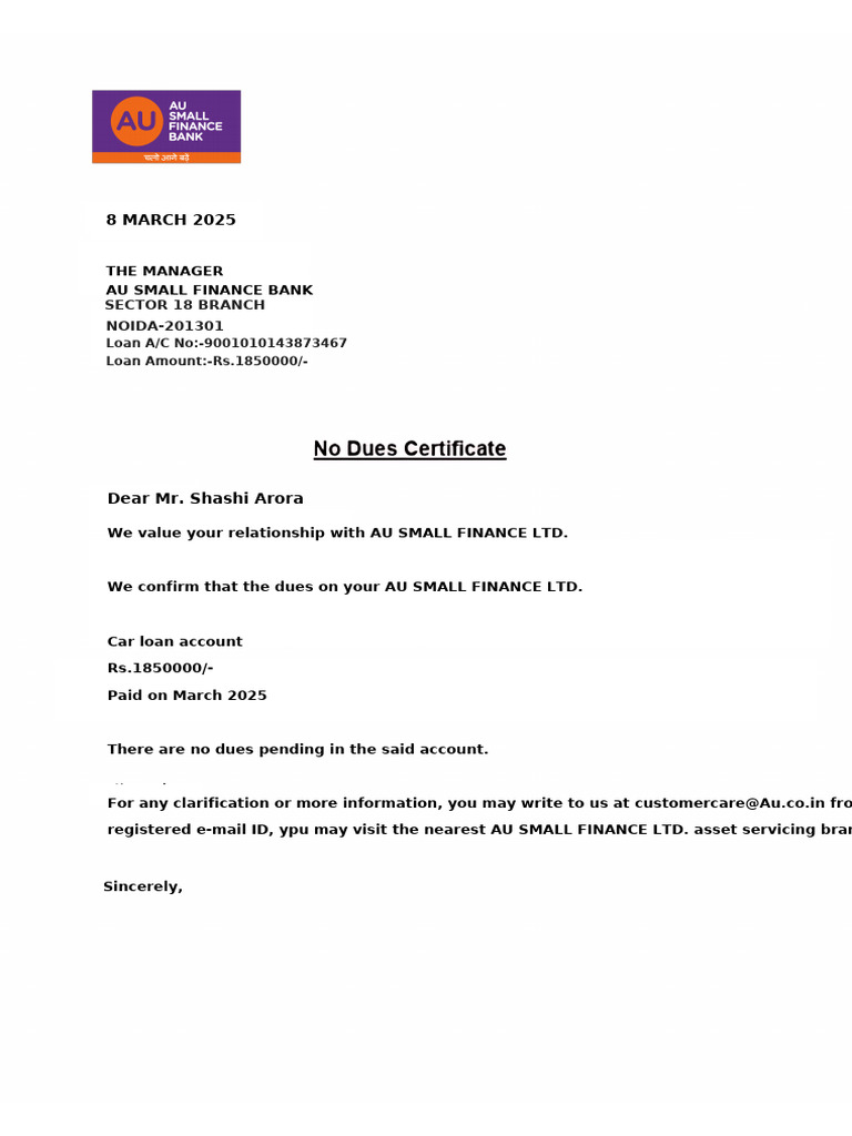 AU Small Finance Bank Car Loan NOC | PDF