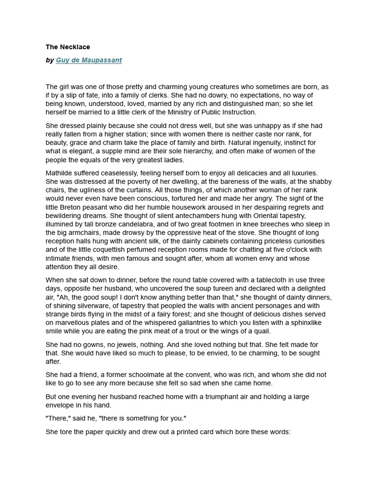 Guy DE Maupassant The Necklace | PDF | Guy De Maupassant