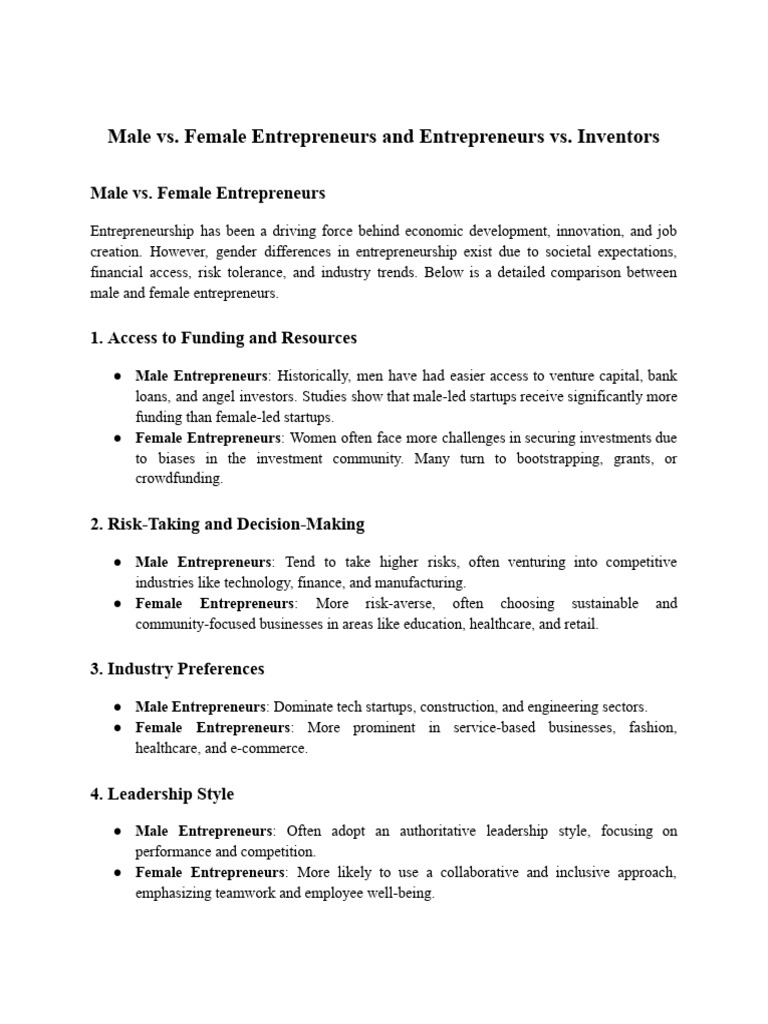 Male vs. Female Entrepreneurs and Entrepreneurs vs. Inventors | PDF ...