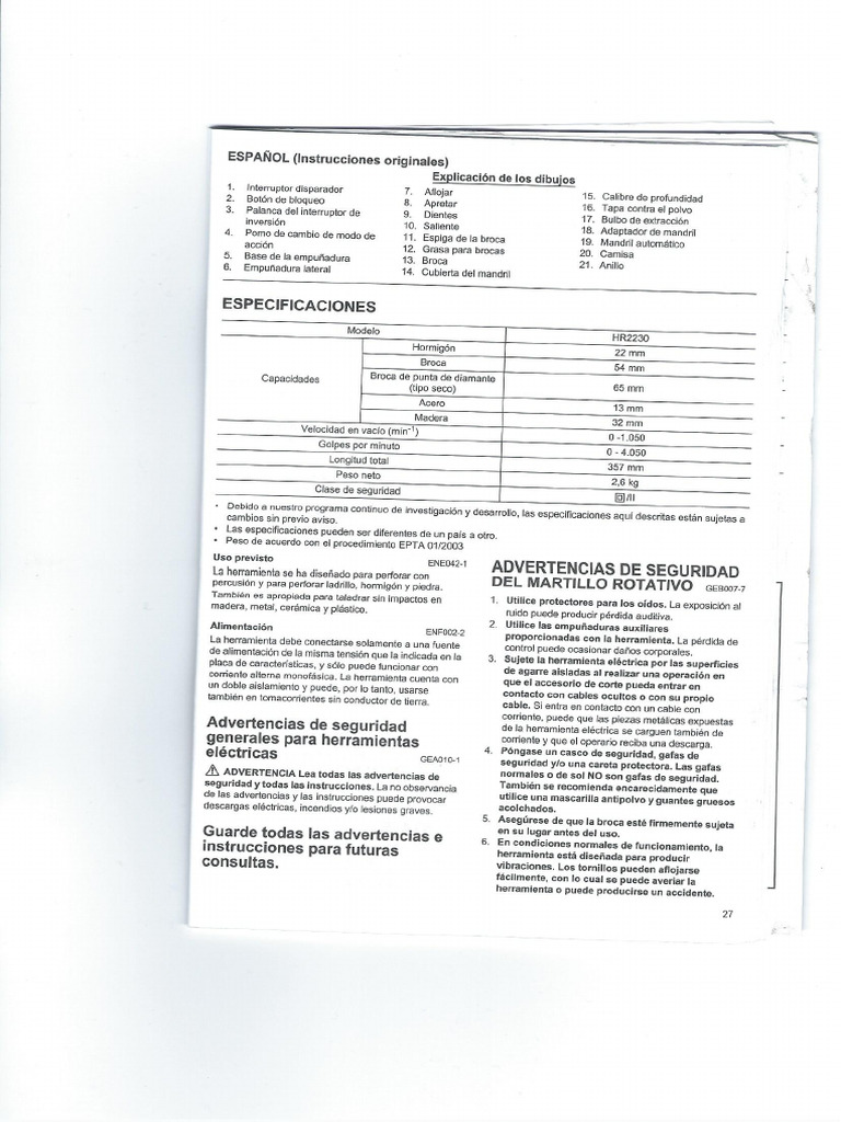 Pk-0079 M - Ce Makita Taladro Hr2230 | PDF