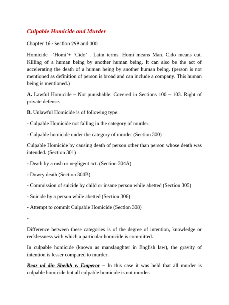 Culpable Homicide and Murder | PDF | Manslaughter | Murder